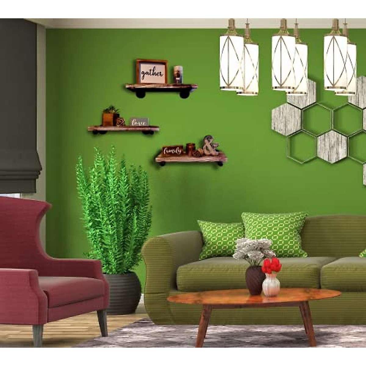 Ty Creations Floating Shelves with Industrial Pipe Brackets Home, Set of 3, Rustic Wall Mounted Wood Shelving Storage Home Decor for Bathroom, Kitchen, Bedroom, Living Room, Office