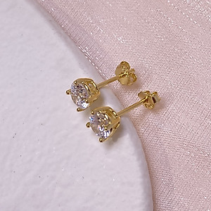 925 Sterling Silver 14k Gold Stud Earrings Set Hypoallergenic Round/Square Princess Cut Clear Cubic Zirconia Stud Earrings for Women Men 3/4/5/6/8 MM