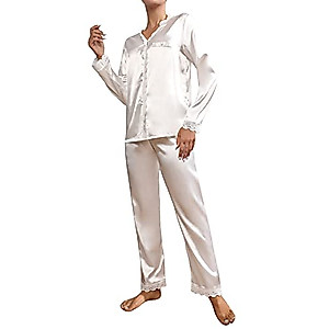 MakeMeChic Women's Satin PJ Set Silk Lace Trim Button Down Shirt and Pants Pajama Set White S