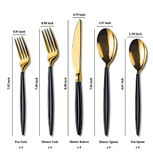 20 Piece Black Gold Flatware Set, Stainless Steel Silverware Set, Titanium Gold Spoon and Spray Paint Handle Cutlery Set, Service Set for 4 (Matt Black with Shiny Gold)