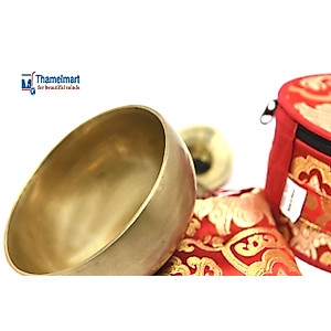 5" Tibetan Singing Bowl for Meditation, Sound Healing, Yoga & Sound Therapy. Made of 7 metals. Silk Cushion, Wooden Mallet, Box & Tingsha included Thamelmart (5 Inch matte)