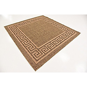 Unique Loom Outdoor Border Collection Area Rug - Greek Key (5' 4" Square, Brown/ Light Brown)