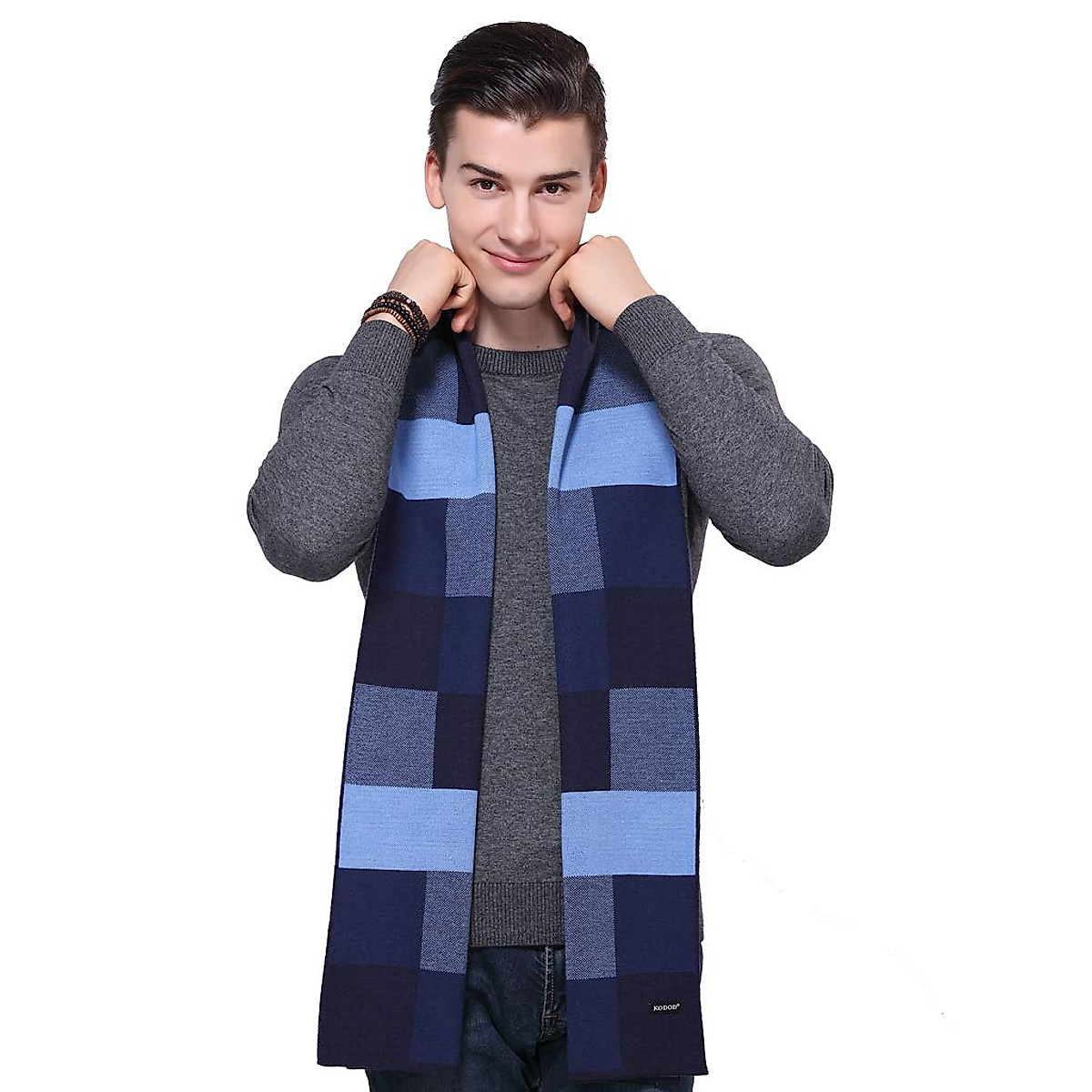 KODOD Plaid Striped Wool Scarf for Men - Winter Soft Thick Cashmere Knit Scarves (A Wool Blend Scarf Navy&Blue Plaid)