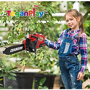 TeganPlay Power Garden Tools Set for Kids Battery Operated Toy Leaf Blower, Hedge Trimmer and Chainsaw Pretend Play for Boys Girls