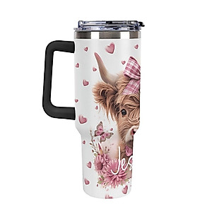 Zxyhomex Personalize Cute Pink Cow Print Tumbler 40 oz with Handle Straw Lid, Heifer 40oz Vacuum Insulated Coffee Mug, Highland Cow Birthday Gifts