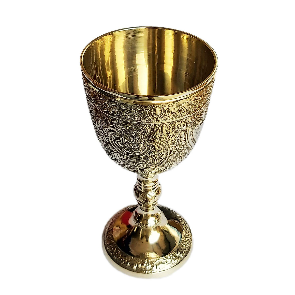 PARIJAT HANDICRAFT Brass royal chalice cup embossed brass flutes wine heavy goblet brass drinking glasses beverage tumbler cups for water juice milk beer ice tea and farmhouse decor