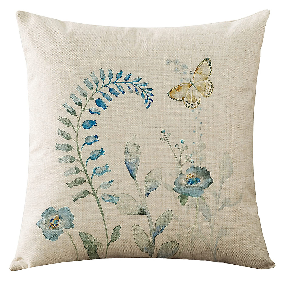 WOMHOPE Decorative Throw Pillow Covers Spring Flower Bird Butterfly Pillow Cases Cushion Cases Burlap Toss 18 x 18 Inch,Set of 4 for Living Room,Couch and Bed (Small Blue Flower)