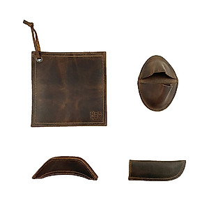 Hide & Drink, Set of 4 Hot Handle Holders, Panhandle, Side Kick, Grip Mitt & Square Pot Holder for Cast Iron Skillets & Pans, Full Grain Leather, Handmade, Bourbon Brown
