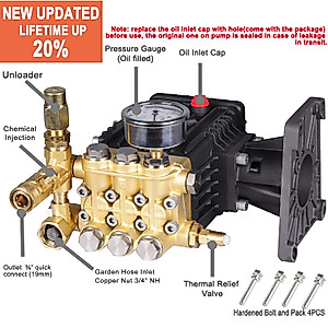 3600 PSI 4.8 GPM Horizontal Triplex Plunger Replacement Pressure Washer Pump Kit 1" Shaft Presssure Washer Pump Pressure Washer Parts with Hardware and Tube for Industrial Gas Powered Machines