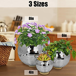 Tialero 2Pcs Disco Ball Planter, 6"/8" Disco Planter with Hanging Chain & Hook & Ring Stand, Disco Ball Plant Hangers for Indoor and Outdoor Plants, Hanging Plant Holder (2Pcs 6", Silver)