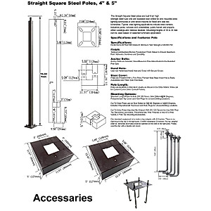CHIUER 15FT 4'' Straight Square Steel Light Pole with Removable Round Top Adapter and All Accessaries Including Anchor Bolts Top Cover Bronze Fnish (15FT - 4'')