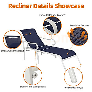 yoyomax Chaise Lounge Outdoor w/Adjustable Back in 5 Reclining Levels, Sturdy Metal Frame, Sunbathing Chair for Beach, Yard, Balcony, Poolside, Dark Blue
