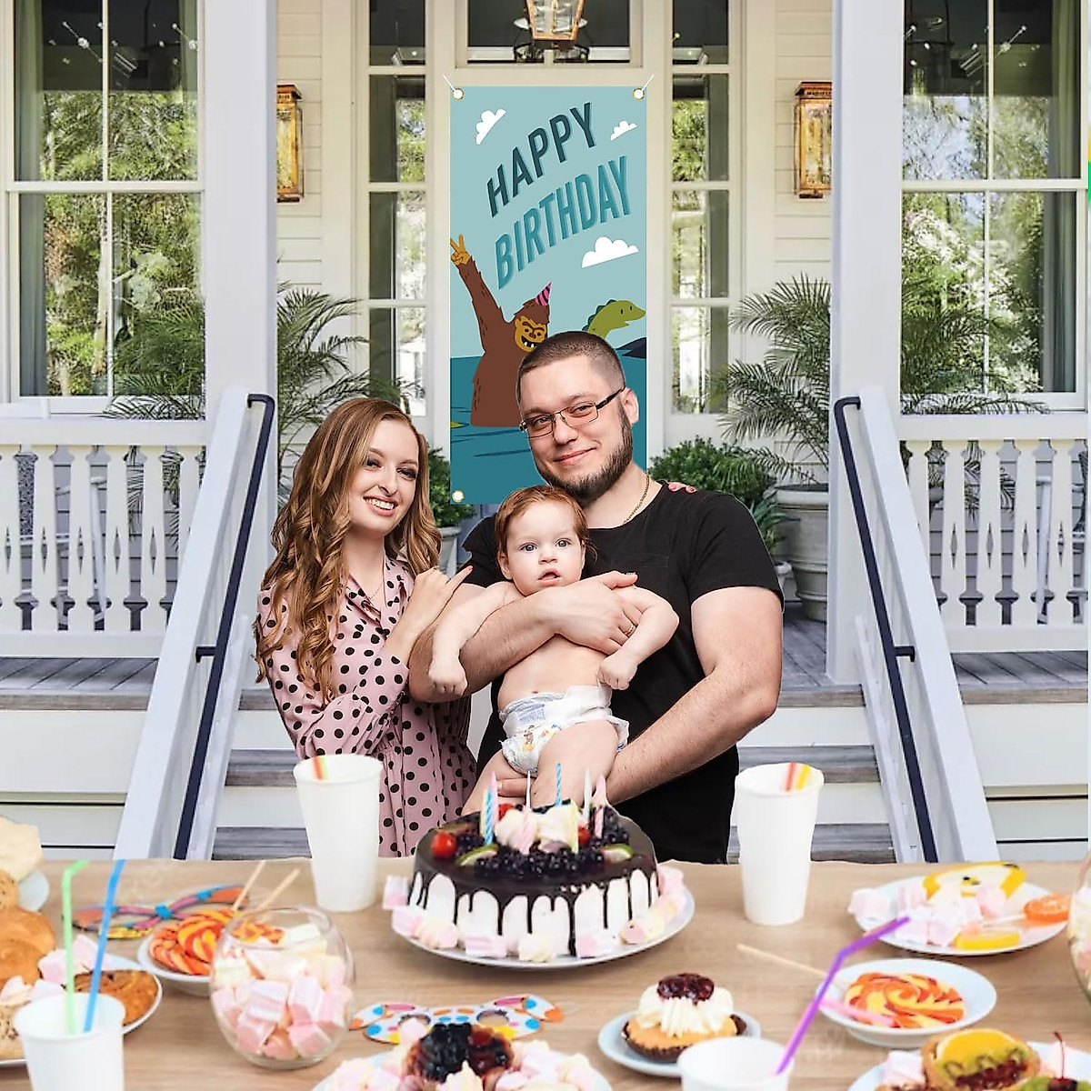 Bigfoot Loch Ness Monster Theme Happy Birthday Party, Baby Shower Party, or Monster Theme Party Photo Booth Props Photography Backdrop Banner Decoration 35.43x72.83in-BECKTEN