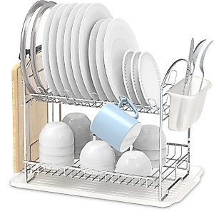Simple Houseware 2-Tier Dish Rack with Drainboard, Chrome