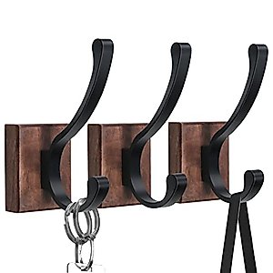 Wood Wall Hooks, 3 Pack Wall Hooks Heavy Duty, Rustic Wood Hooks Wall Mounted, Wall Hooks for Hanging Coat, Towel, Keys, Hat, Umbrella, Bag, Rag and Kitchen Utensils
