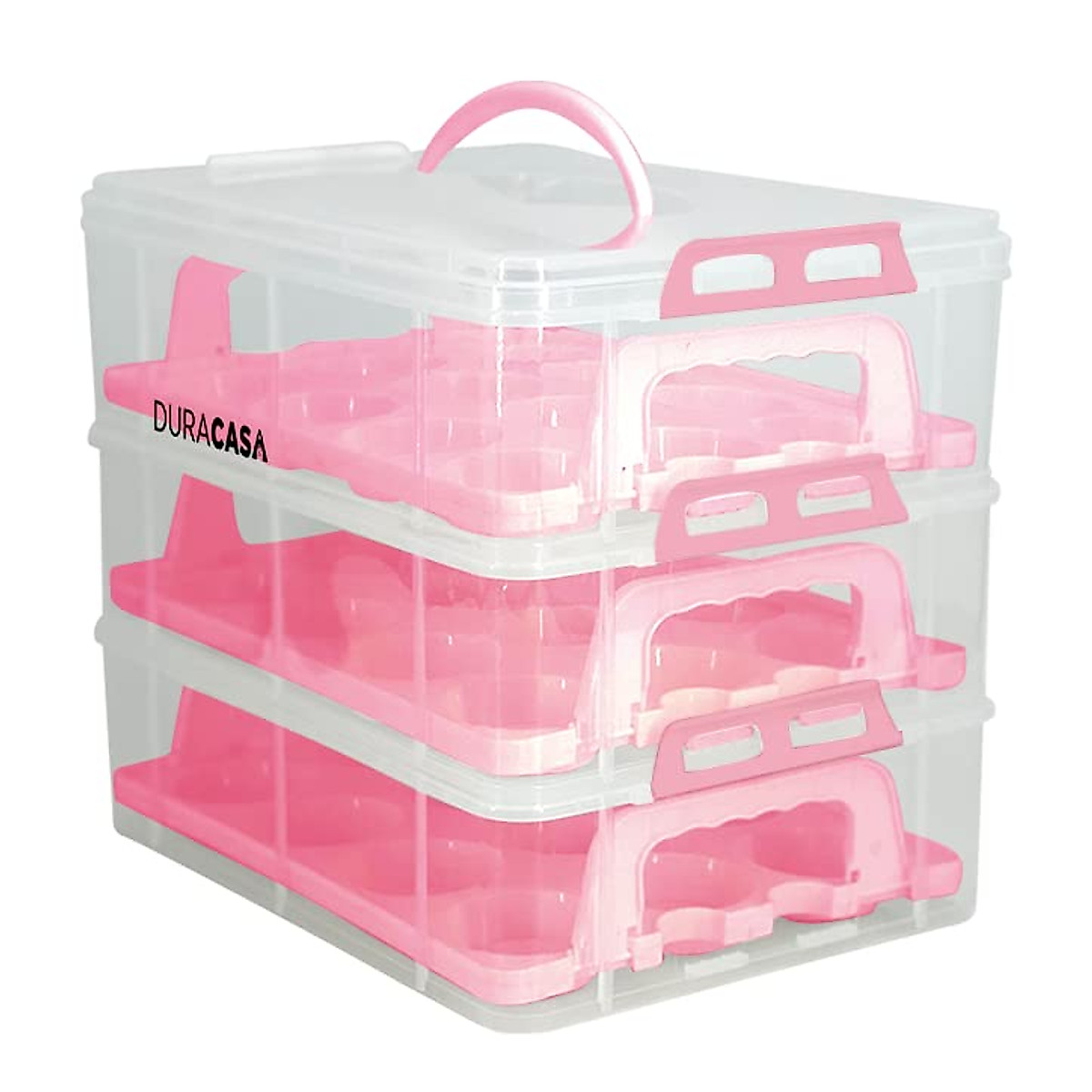 DuraCasa Cupcake Carrier, Cupcake Holder - Premium Upgraded Model - Store up to 36 Cupcakes or 3 Large Cakes - Stacking Cupcake Storage Container - Cookie, Muffin or Cake Carrier (Pink, Three Tier)