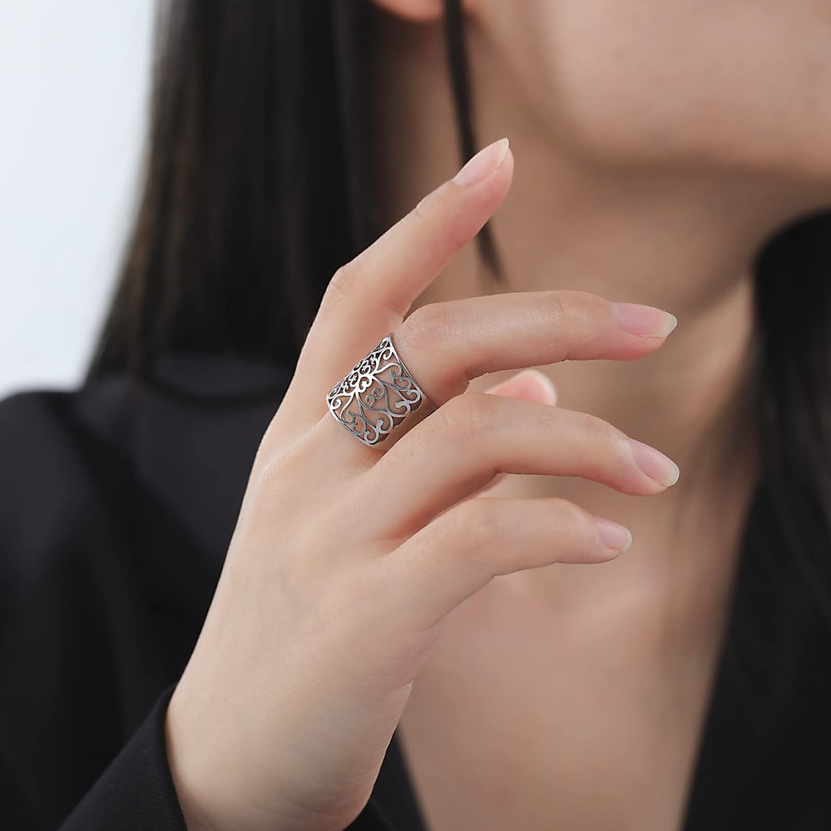 TEAMER Stainless Steel Hollow Flower Ring Boho Adjustable Open Finger Rings Fashion Jewelry Wedding Ring for Women (Flower 2-Steel Color)