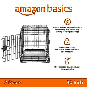 Amazon Basics Durable,Foldable Metal Wire Dog Crate with Tray, Double Door, 30 Inches, Black