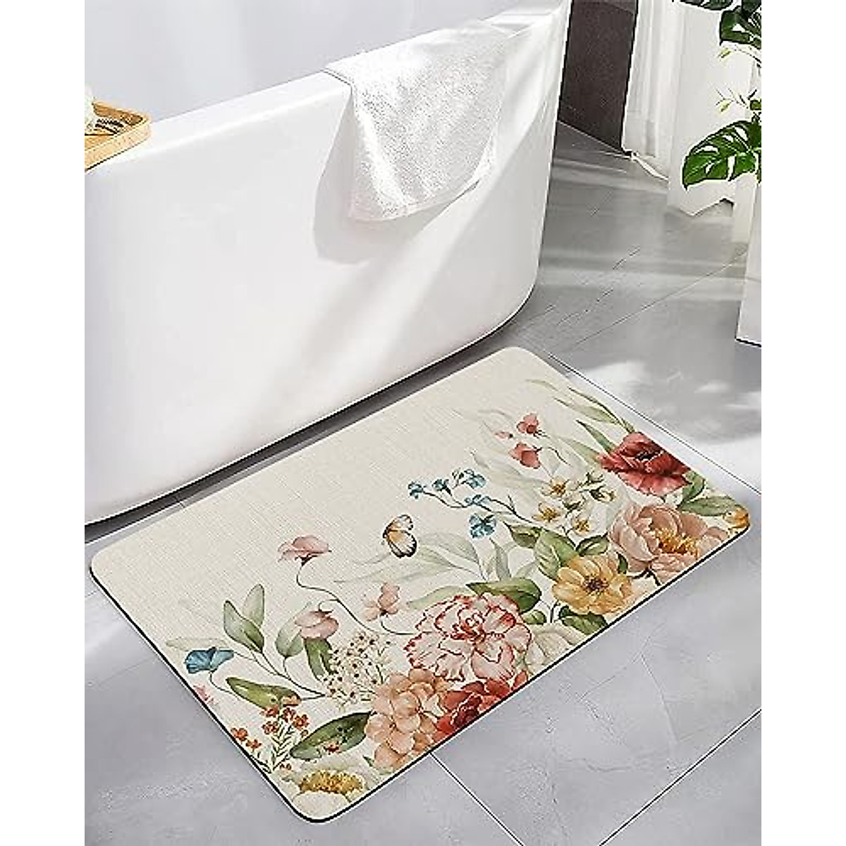 Retro Flowers Bath Mat for Tub,Non Slip Bathroom Floor Runner Rug Quick Dry & Absorbent Diatomaceous Earth Kitchen Shower Sink Washable Doormat,Rustic Fall Winter Rose Florals Spring Plant 20"x32"