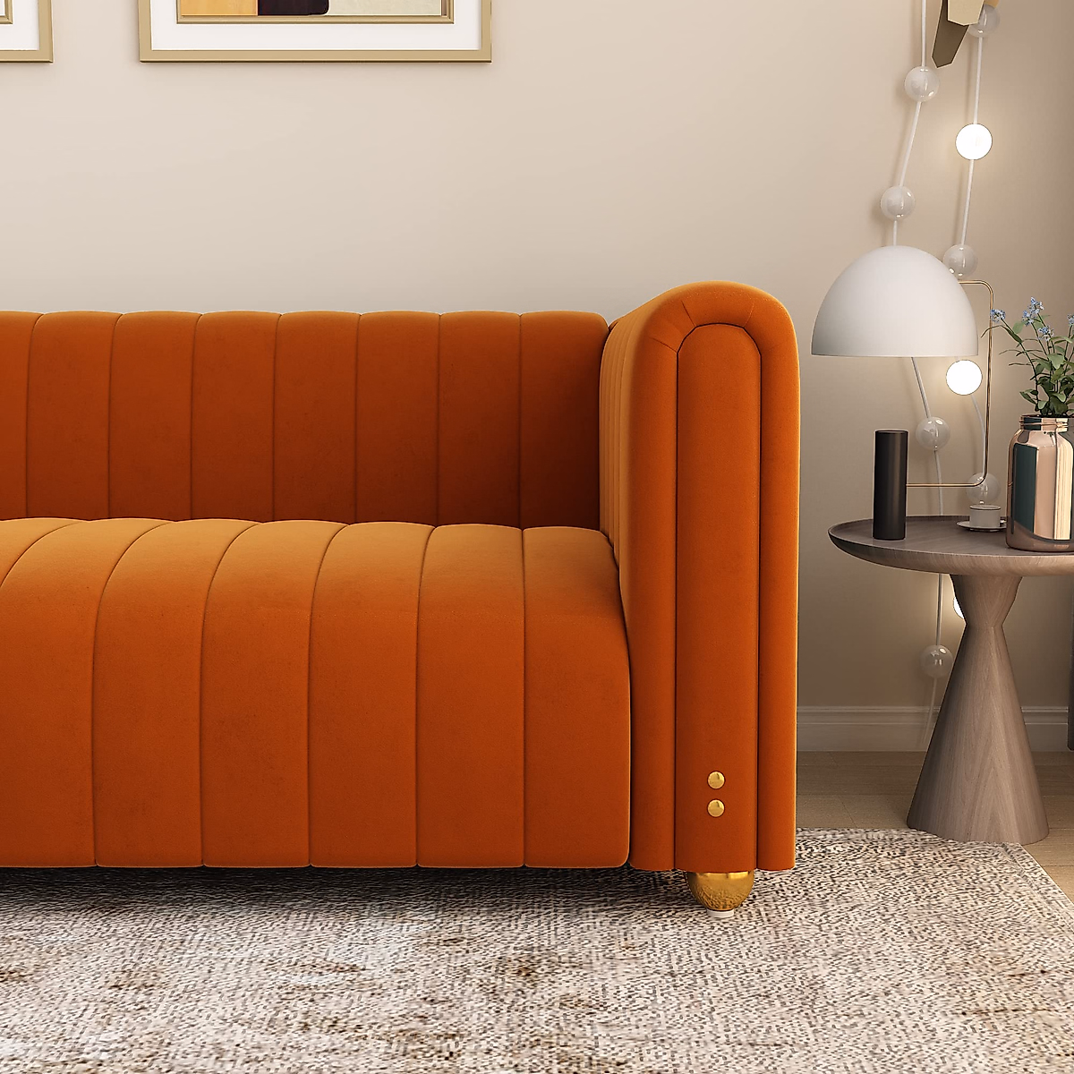Velvet Couch Sofa Loveseat, 81.3 Wide Mid Century Modern Couch Small Spaces Love Seat Tufted Chesterfield Velvet Sofa Futon with Gold Leg, Comfy 3 Seat Deep Sofas Couches for Living Room (Orange)