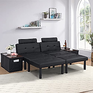 VUYUYU Convertible Futon Couch Bed with Two Storage Ottoman/Coffee Table, Leather Folding Loveseat Sleeper, Small Futon Sofa for Compact Living Space, Apartment, Dorm, Bedroom