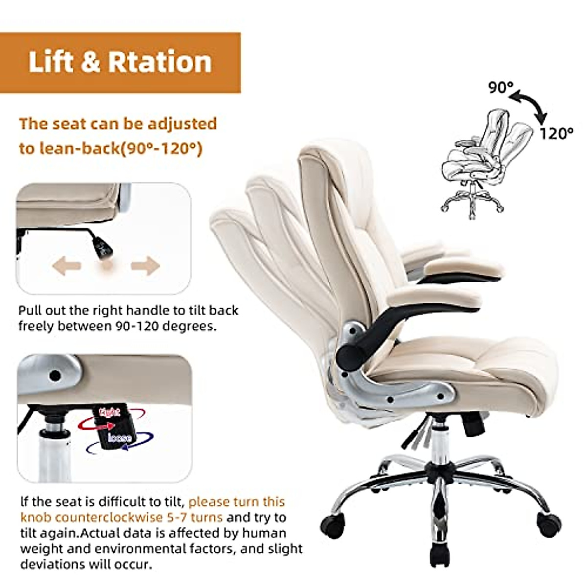 YAMASORO Velvet Fabric Office Chair Ergonomic Executive Chair with Lumbar Support,Home Office Desk Chairs Flip up Arms with Wheels, Comfortable Computer Chairs,Beige