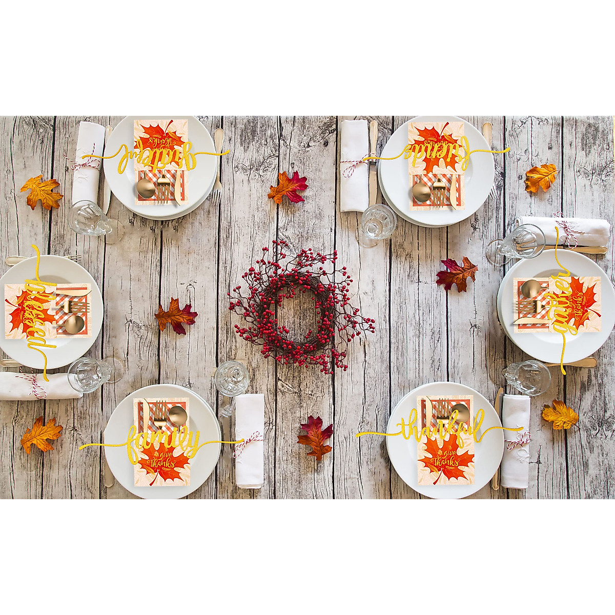 ANOTION Thanksgiving Table Decor, 12 Thanksgiving Cutlery Holder 12 Thankful Grateful Blessed Words Cutout Card Decor Glitter Table Place Card for Thanksgiving Turkey Utensil Décor