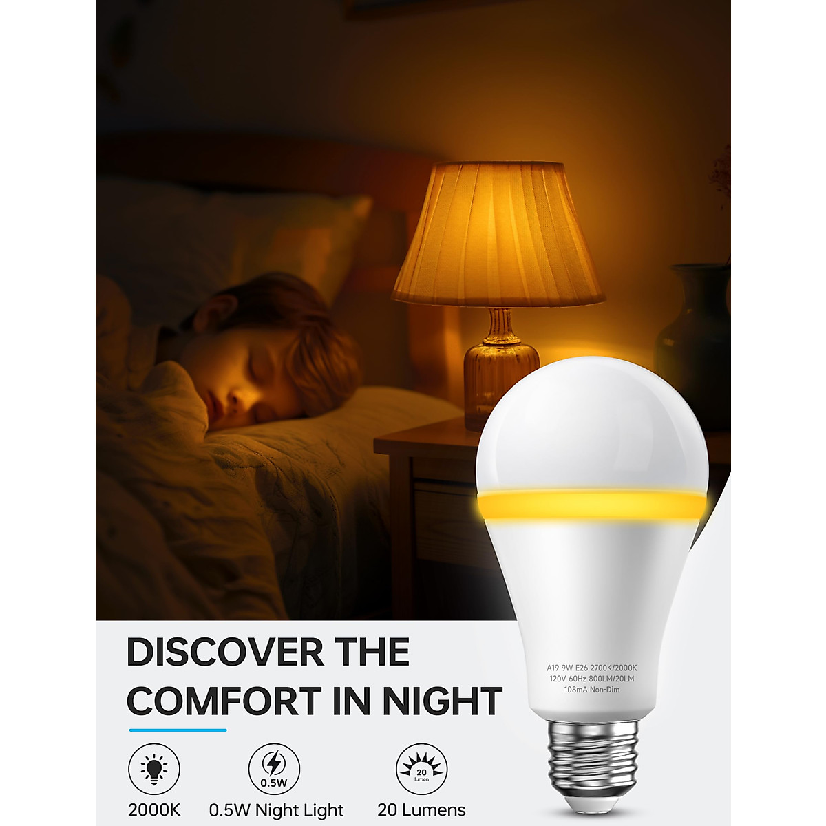 KINDEEP Sleep Light Bulb, 0.5W Amber Light Bulbs, 20lm 2000K, 2 Modes Bulb, 9W Equivalent 60W, 800lm, 2700K, E26 Blue Light Blocking Dim Lightbulbs for Lamp, Bderoom, Mood Soothing, Nursery, 4 Pack