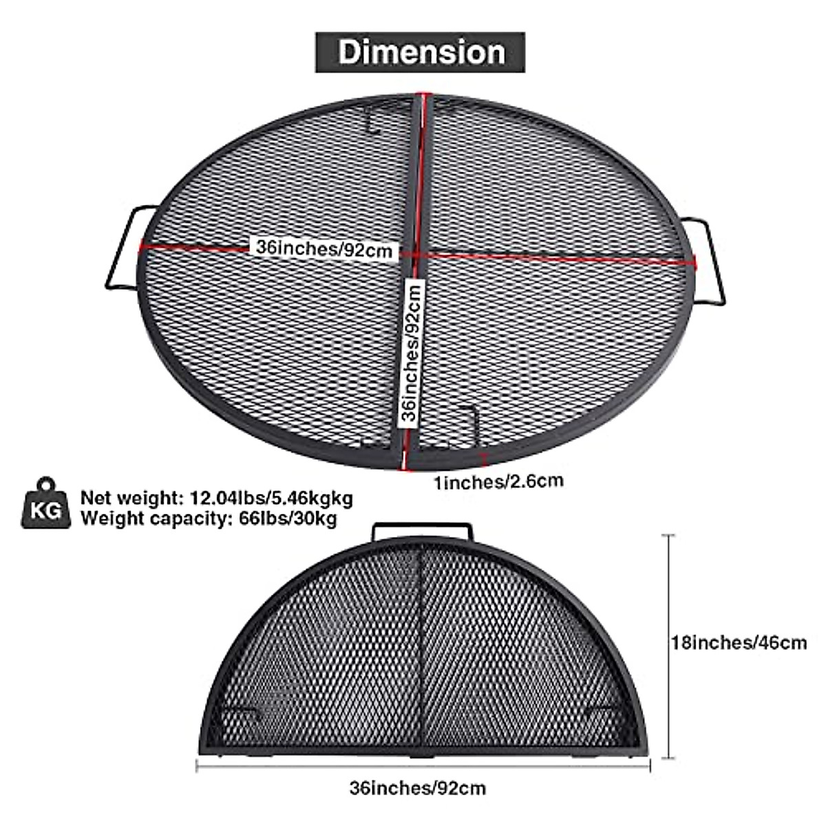 Lineslife X-Marks Fire Pit Cooking Grill Grates Portable, Heavy Duty Folding Round Campfire Grill Grate, Firepit Grill Grate with Handles for Outdoor BBQ Picnic, Black 36 Inch