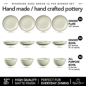Riverside 12-Piece Dinnerware Set for 4 - Hand Crafted Plates and Bowls Dish Set, Ceramic Stoneware Dinner Set, Microwave & Dishwasher Safe Dishware - Sage Green