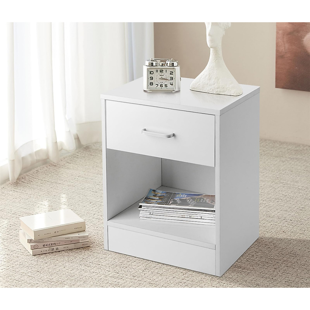 TRIPLE TREE White Nightstands Set of 2, End Table with Bin Drawer and Open Shelf, Small Dresser Bedside Table for Living Room Bedroom