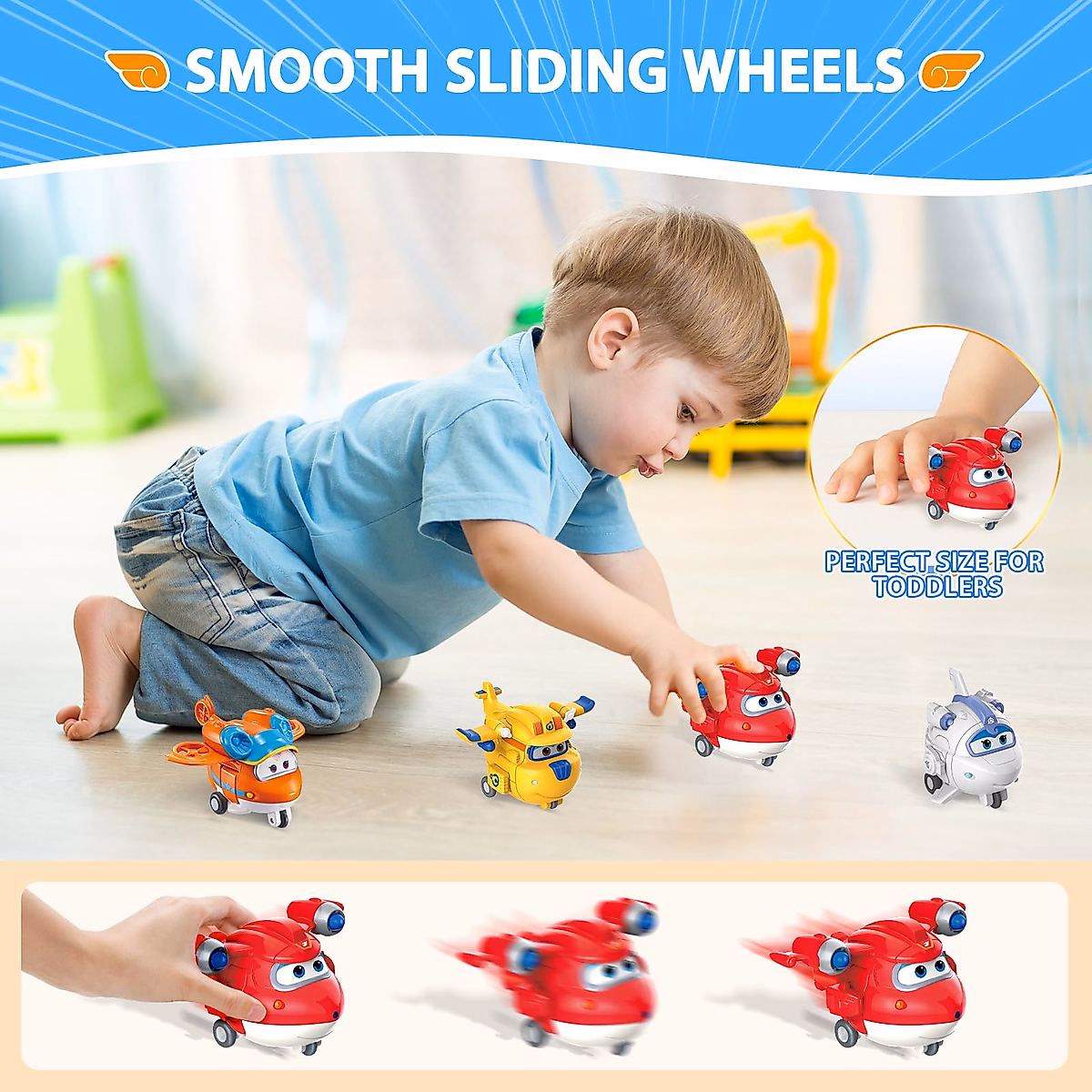 Super Wings 2" Transform-a-Bots 4-Pack, Supercharged Jett, Donnie, Astra, Sunny, Airplane Toys Vehicle Mini Figures, Fun Toys for Kids, Transformer Toys for 3 4 5 Year Old Boys and Girls