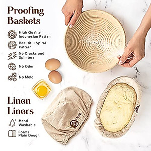 Banneton Bread Proofing Basket Set of 2 with Sourdough Bread Baking Supplies - A Complete Bread Making Kit Including 9" Proofing Baskets, Danish Whisk, Bowl Scraper, Dough Scraper, & Bread Lame