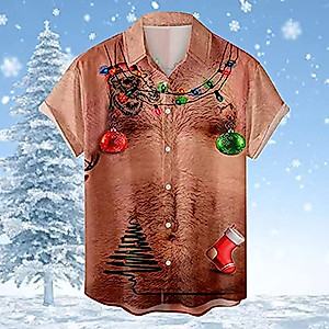 PARREN Novelty 3D Graphic Christmas Button Down Shirts for Mens Ugly Santa Reindeer Hawaiian Beach Holiday Bowling T-shirt Vintage Short Sleeve Slim Fit Lightweight Tee Tops