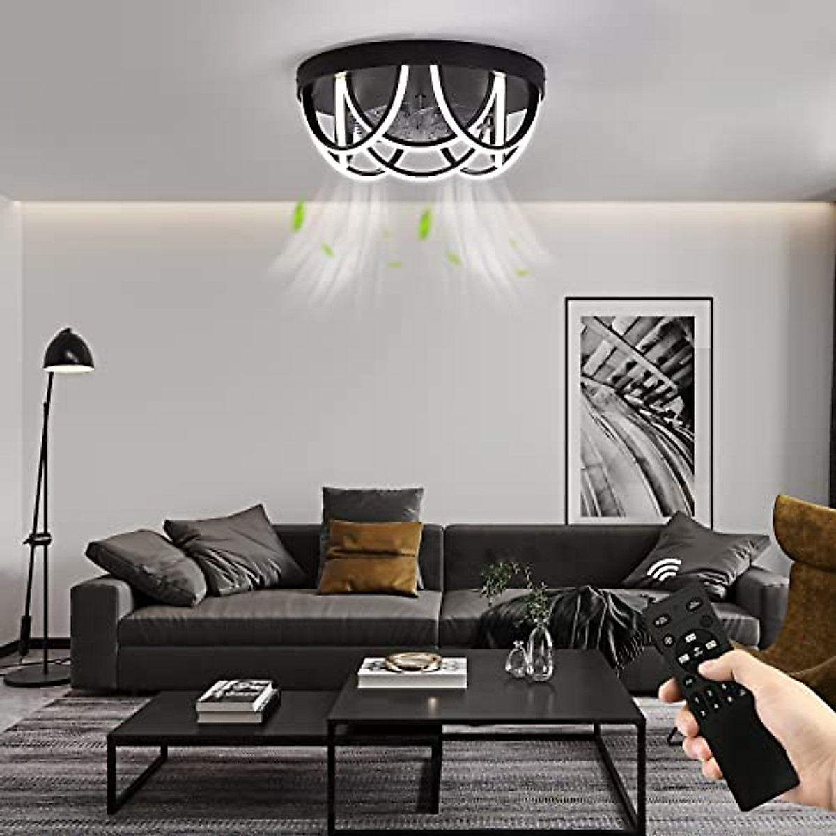Ceiling Fan with Lights Flush Mount Ceiling Fan with Remote Control, 17 Inch Industrial LED Low Profile Ceiling Fan with Lights 3-Color Dimming for Bedroom Kitchen Dining Living Room