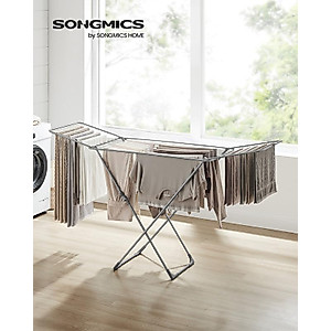 SONGMICS Clothes Drying Rack, Metal Laundry Drying Rack, Foldable, Space-Saving, Free-Standing Airer, with Gullwings, Indoor Outdoor Use, Bed Linen Clothing, Gray ULLR540G01