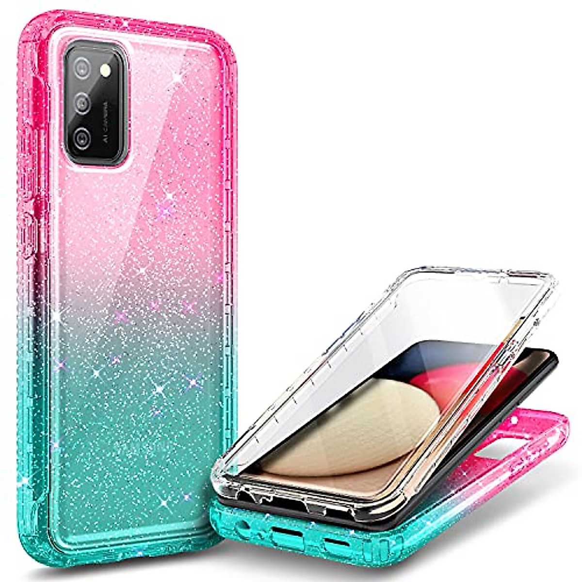 NZND Case for Samsung Galaxy A03S with [Built-in Screen Protector], Full-Body Protective Shockproof Rugged Bumper Cover, Impact Resist Durable Phone Case (Glitter Pink/Aqua)