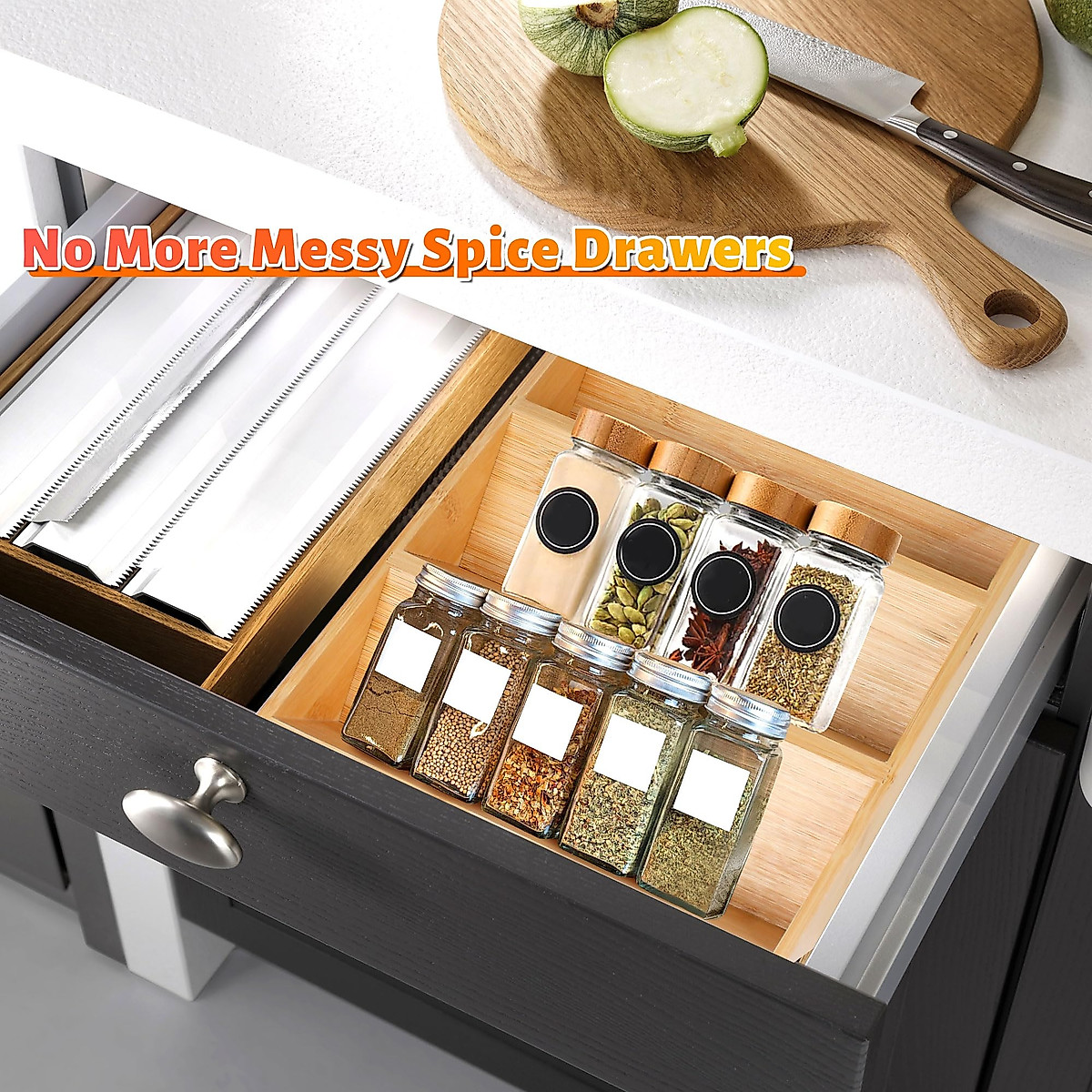 Churika Bamboo Spice Rack Organizer for Cabinet, Foldable 3-Tier Spice Shelf, Wooden Spice Rack Seasoning Organizer for Countertop, Kitchen Drawer