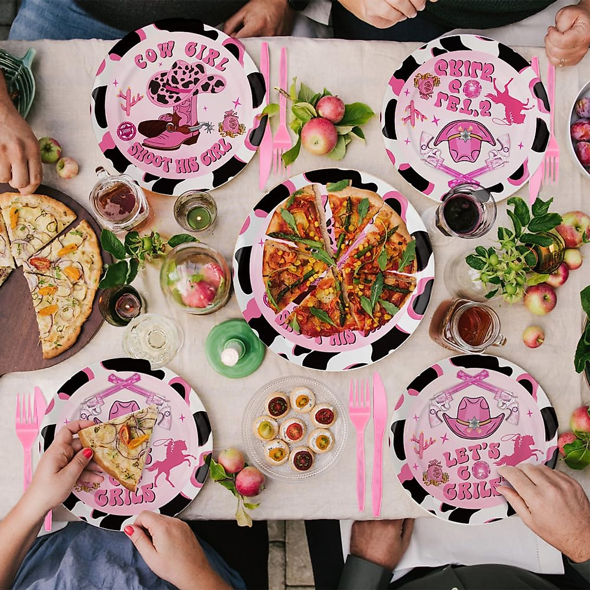 100pcs Western Cowgirl Party Decorations Let's Go Girl Party Supplies for Girls Cow Print Paper Plates Napkins Forks Knives Boots Western Theme Birthday Bachelorette Party