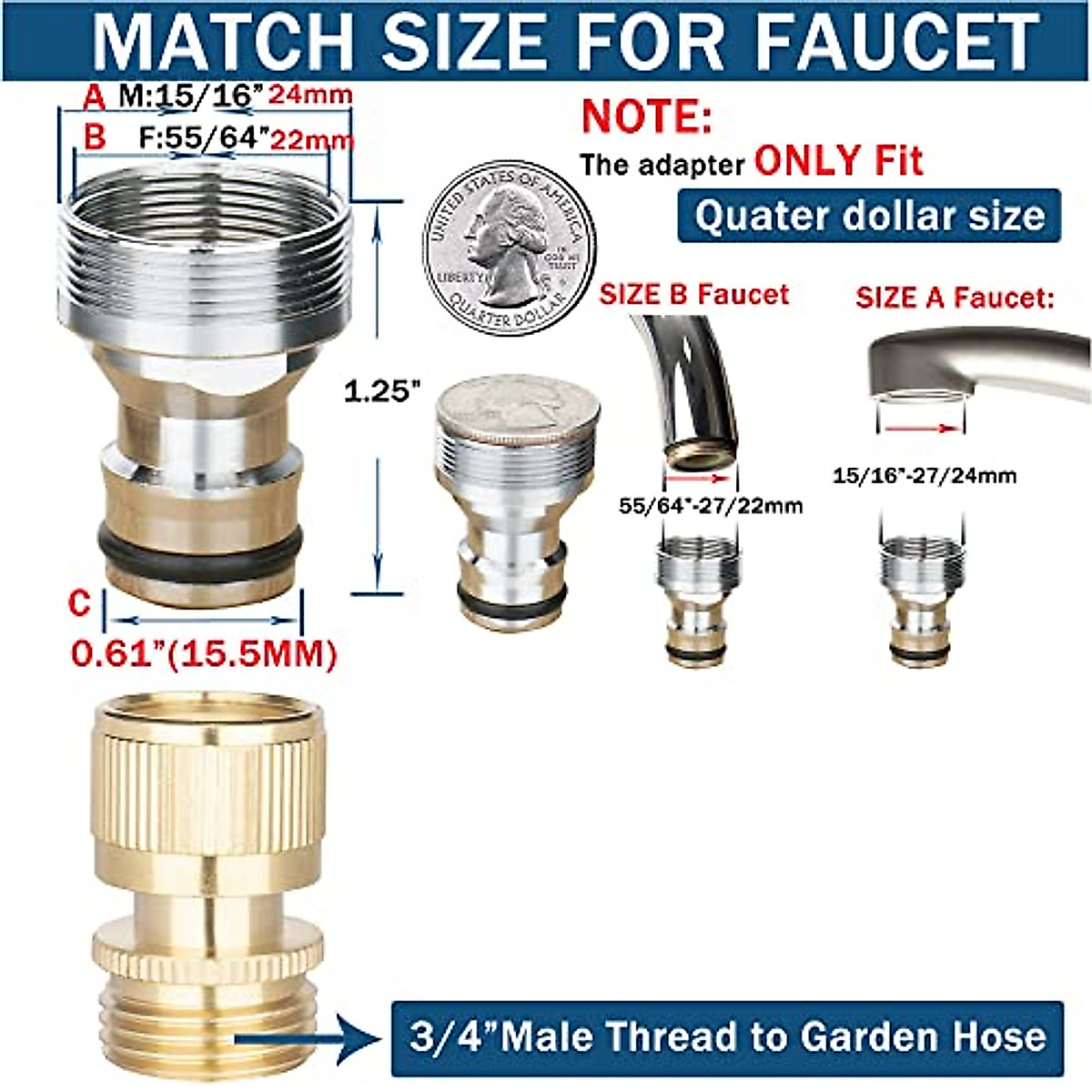 WHK Kitchen Quick Connect Faucet Adapter,Portable Washer Adapter Bathroom Sink Faucet Snap Adapter to Garden Hose 15/16 In.-27M or 55/64 In.-27F x3/4 inch GHT Female for Washer, Indoor Sink（2packs)