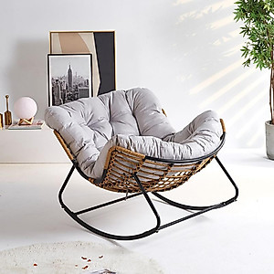HARELA Outdoor Patio Rocking Chair, Indoor & Outdoor Rocking Chair, Rattan Rocker Padded Cushion Recliner, Modern Lounge Chair for Front Porch, Balcony, Garden, Lawn, Living Room (Color : Gray)