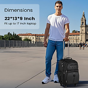 MATEIN Rolling Backpack with 4 Wheels, 17 inch Travel Laptop Backpack for Women Men, Large Wheeled Backpacks Water Resistant Business Carry on Bag Airline Approved, School Luggage Suitcase Bag, Black