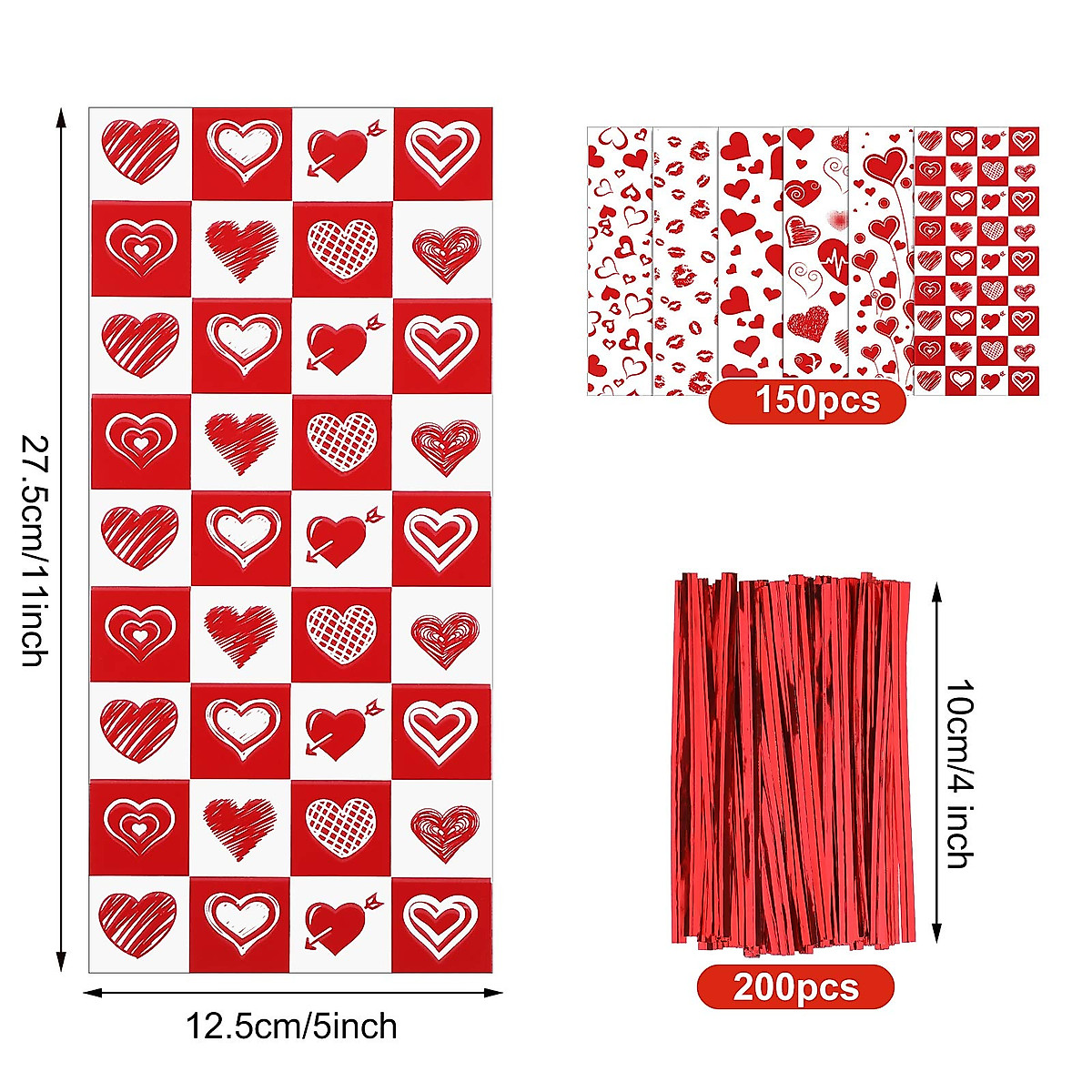 Zonon 150 Pieces Valentine Cellophane Bags Valentine Candy Bags Valentines Favor Treat Goodies Bags with 200 Pieces Twist Ties for Valentine Party Holiday Supplies