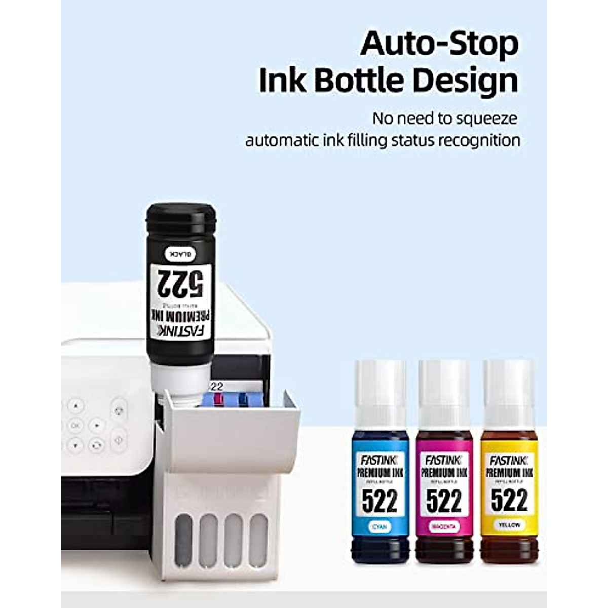 FASTINK Compatible Epson T522 Refill Ink Bottle,High Capacity,5 Pack,Work with EcoTank ET-2720, ET-2800,ET-2803,ET-4800,ET-4700 Printer for Epson 522 Ink Bottle Refill Combo