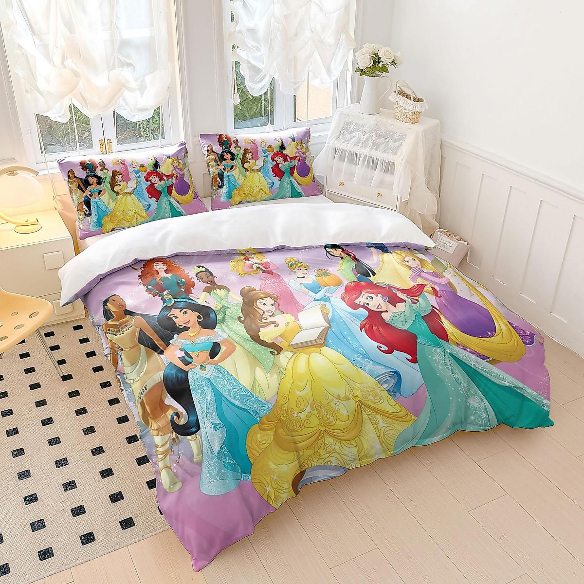 LHASA Cartoon Princess Series Duvet Cover 3 Piece bed set, room personality bedding decor for teens kids (02,Queen 90x90in + 20x30in)