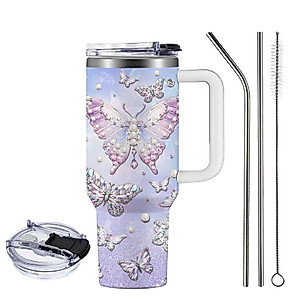 Butterfly Gifts for Women, Girls - 40oz Diamond Butterfly Tumbler with Handle - Birthday Gifts for Butterflies Lovers Cup - Purple Butterflies Gift for Mother's Day Christmas Coffee Travel Mug