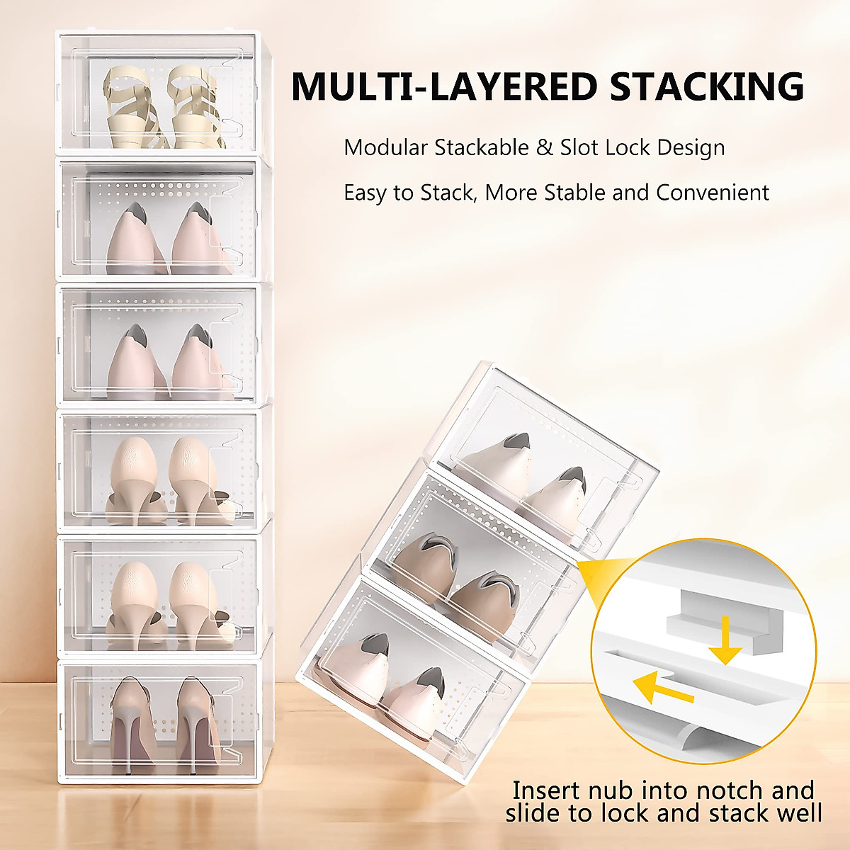 12 Pack XX Large Shoe Organizer Storage Boxes for Closet, Modular Space Saving Shoe Boxes Clear Plastic Stackable Sneaker Containers Display Case with Lids, White