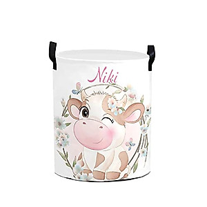 BigBigift Cute Cow Baby Watercolor Laundry Basket Personalized with Name Laundry Hamper with Handle Organizer Storage Bin Bedroom Decor for Boys Girls Adults, 19.6x14 inch (HxD)