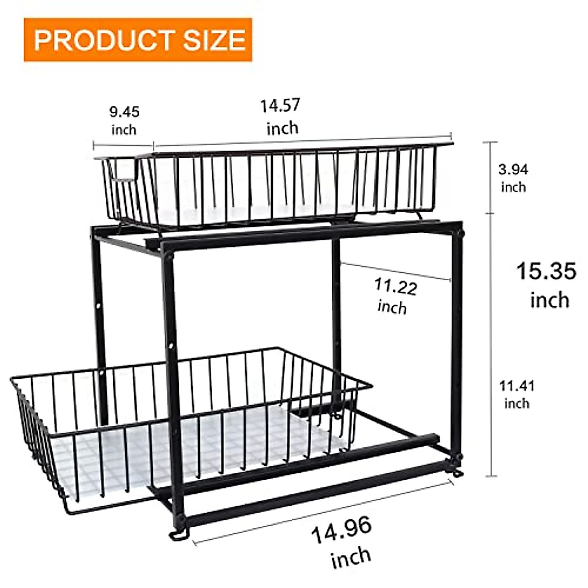 FERLAN Under Sink Organizer, 2-Tier Stackable Kitchen Cabinet Organizer and Storage With Sliding Storage Drawer, for Kitchen, Bathroom, Office, Pantry, Cabinet, Black