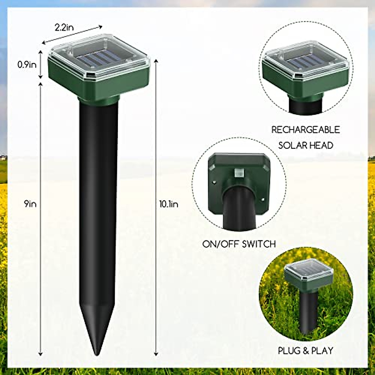 8 Pack Mole Repellent Solar Powered Solar Mole Repellent Ultrasonic Vole Groundhog Repellent Outdoor Waterproof Sonic Repellent Spikes Drive Away Burrowing Animals from Lawns and Yard
